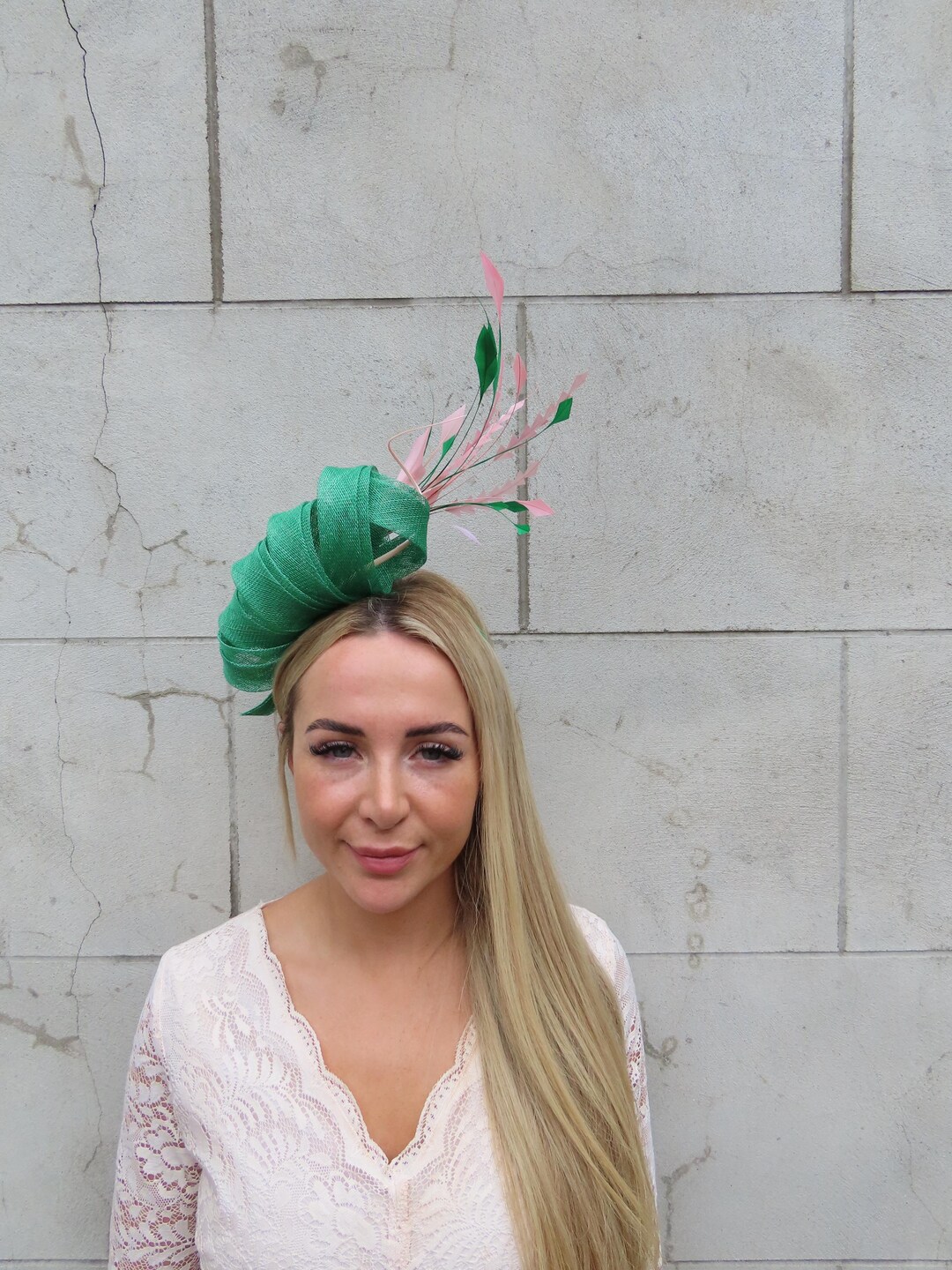 Emerald Green & Blush Pink Feather Fascinator Headband Headpiece Races ...