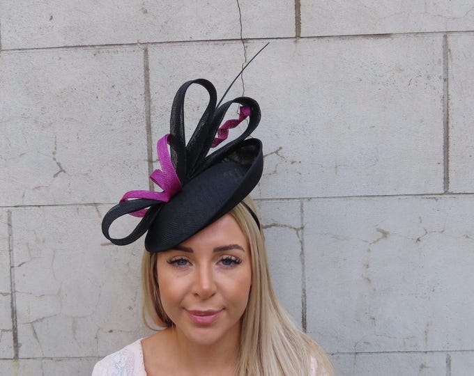 Large Black Disc Saucer Feather Hat Fascinator Wedding Guest Ascot ...