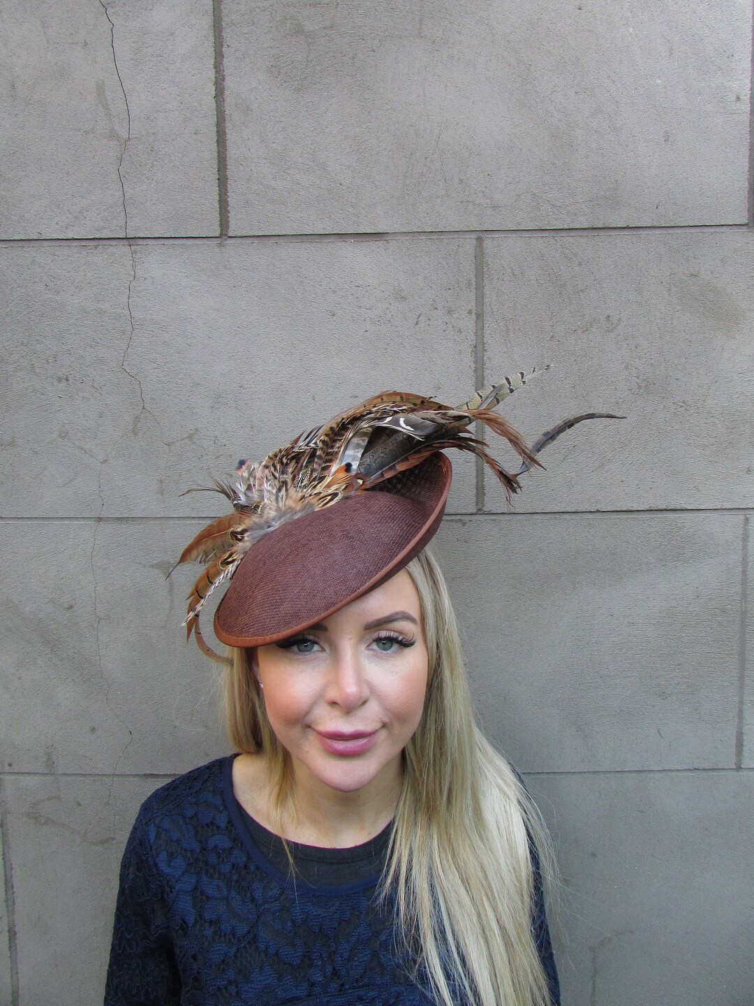 One off Piece - Brown Pheasant Feather Fascinator Hat Disc Saucer Races ...