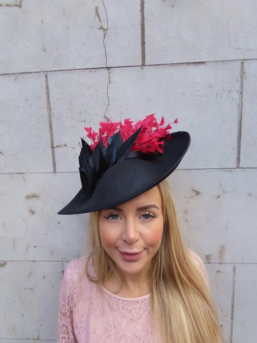 Large Black & Burgundy Wine Red Feather Fascinator Hat Teardrop Wedding ...