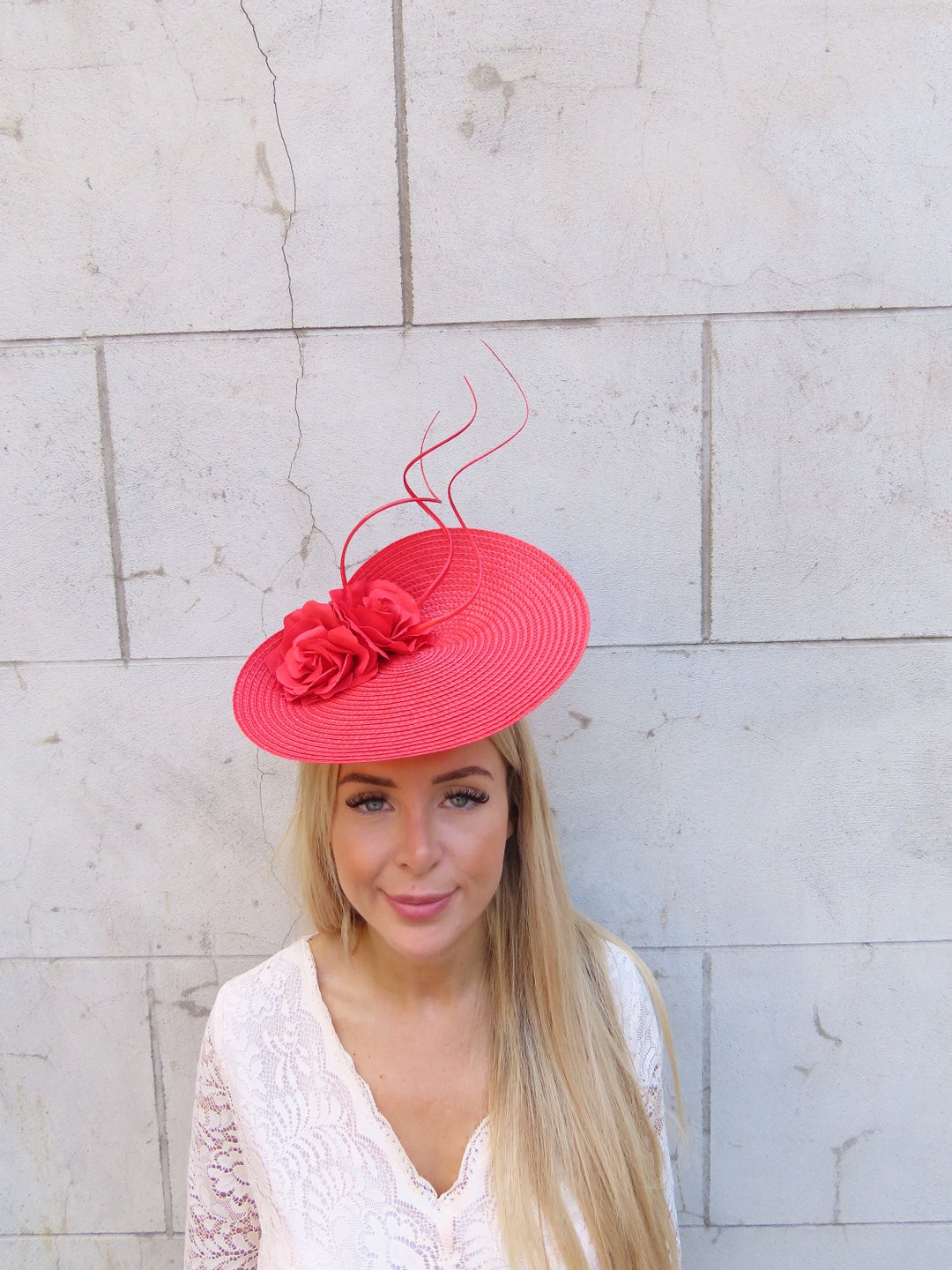 One off Piece Large Red Straw Rose Flower Style Feather Hat Fascinator ...