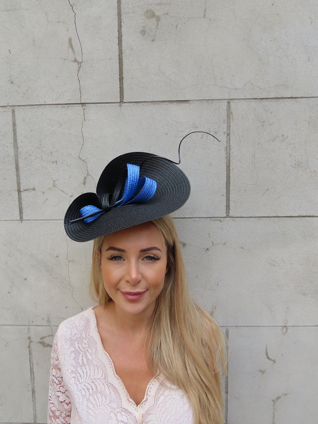 One off Piece Large Electric Blue & Black Straw Style Hat Fascinator ...