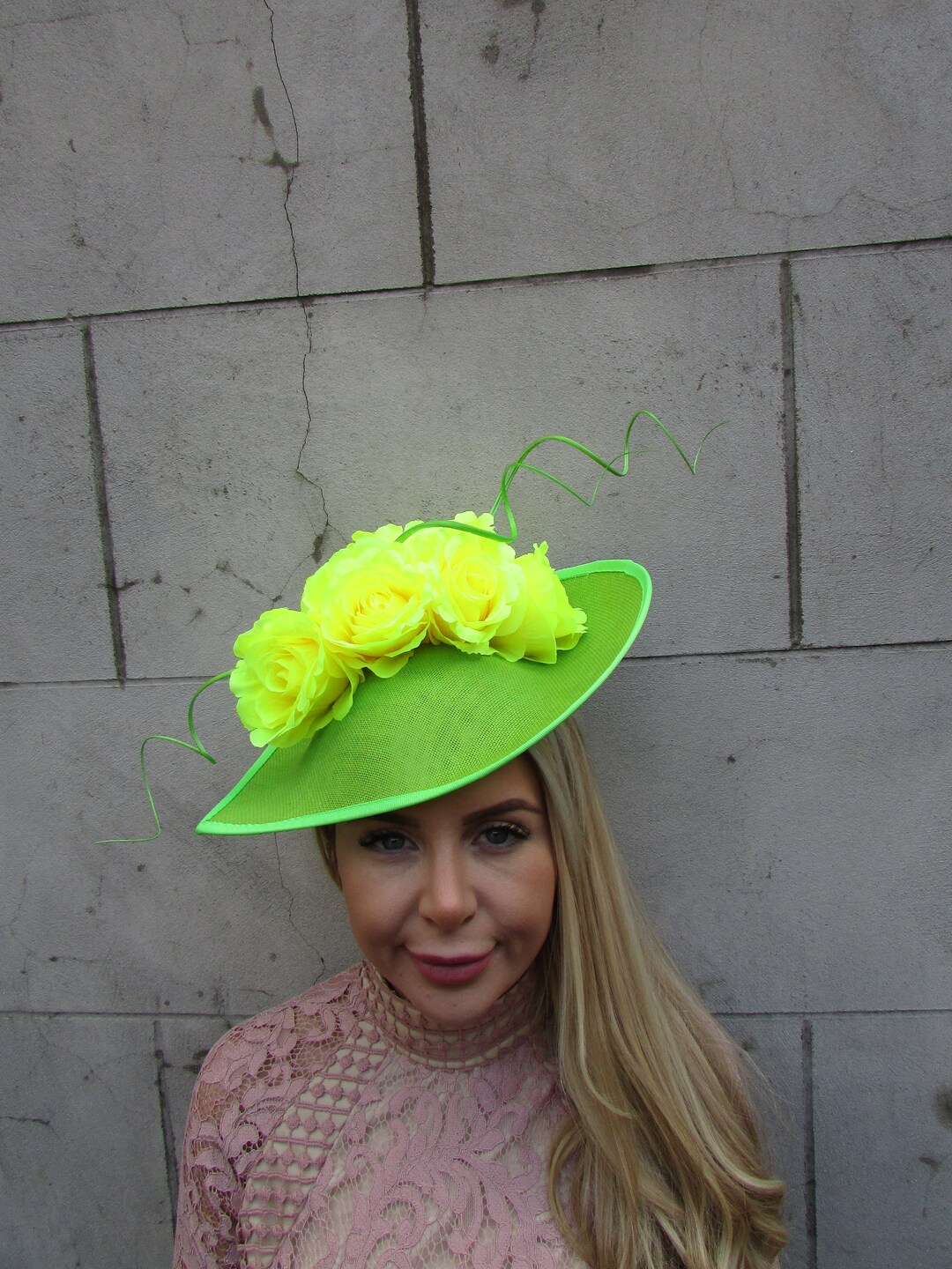 Large Neon Yellow & Lime Green Rose Floral Flower Fascinator Hat Big ...