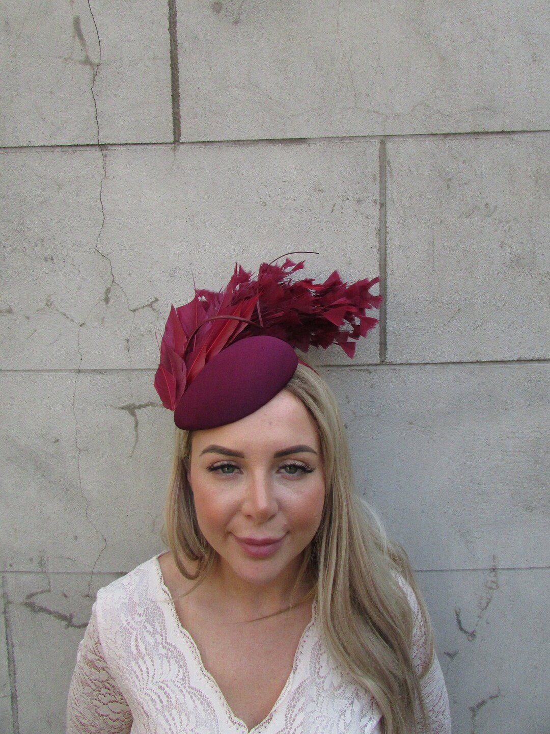 Burgundy Wine Red Feather Pillbox Hat Fascinator Wedding Guest Races Ladies Day Headband ...