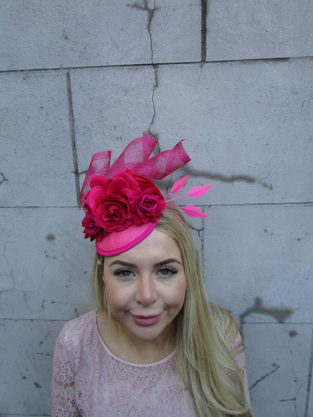 New Floral Hot Pink Cerise Sinamay Rose Flower Feather Hat Fascinator ...
