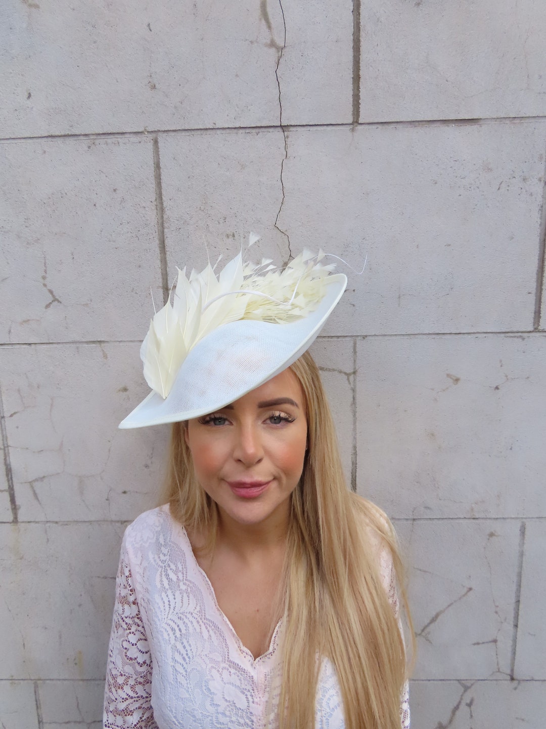 Large Cream Feather Fascinator Hat Big Teardrop Wedding Guest Ascot ...