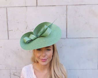 One off Piece Large Bottle Green Feather Straw Style Hat Fascinator ...