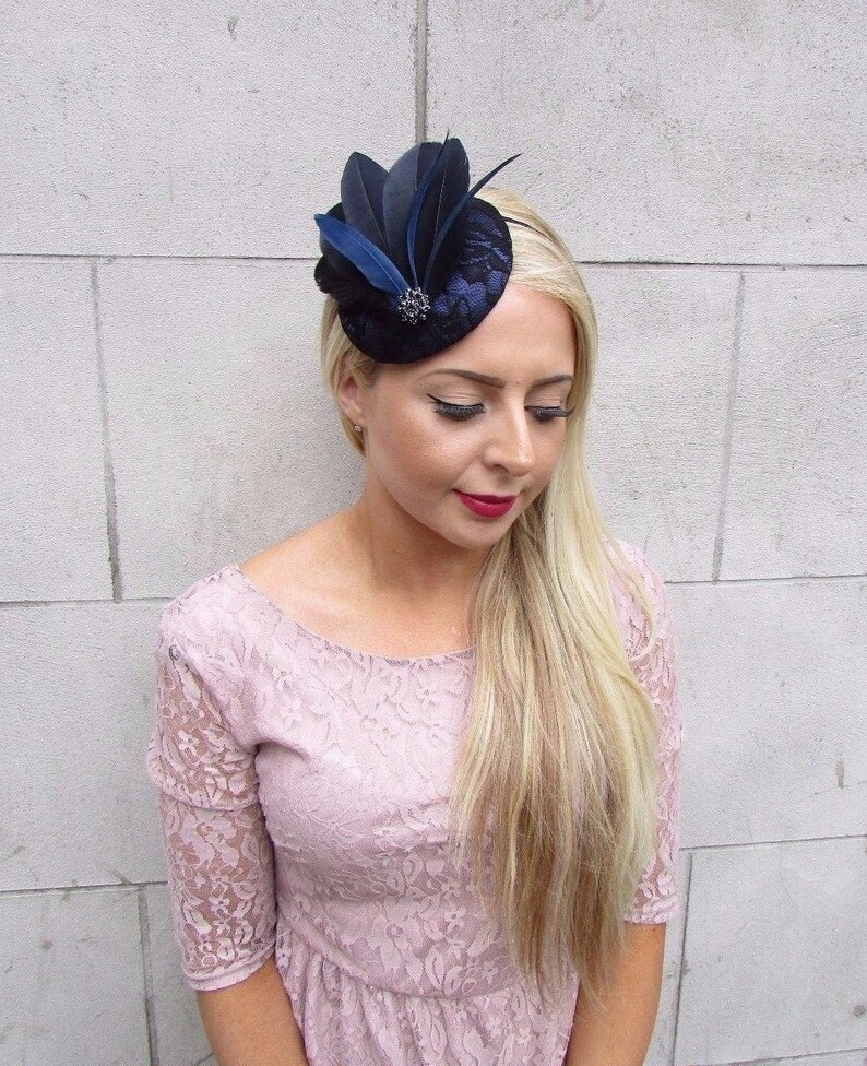 Black Navy Blue Statement Feather Fascinator Races Pillbox Hat | Etsy