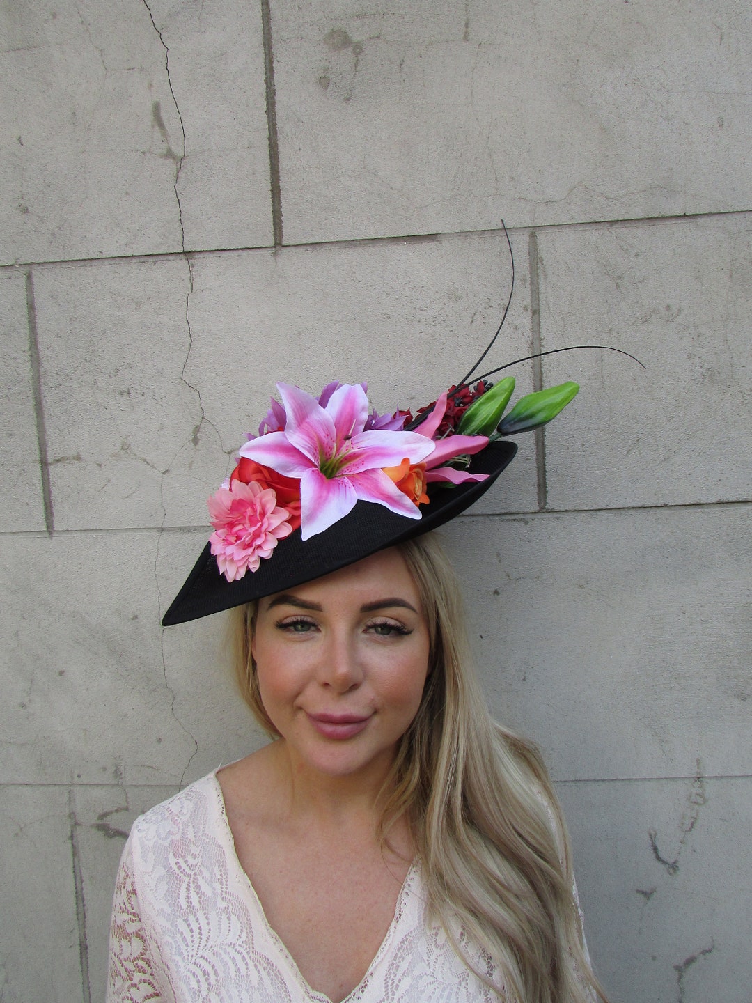 Large Black Light Hot Pink Orange Lily Rose Flower Teardrop Fascinator ...