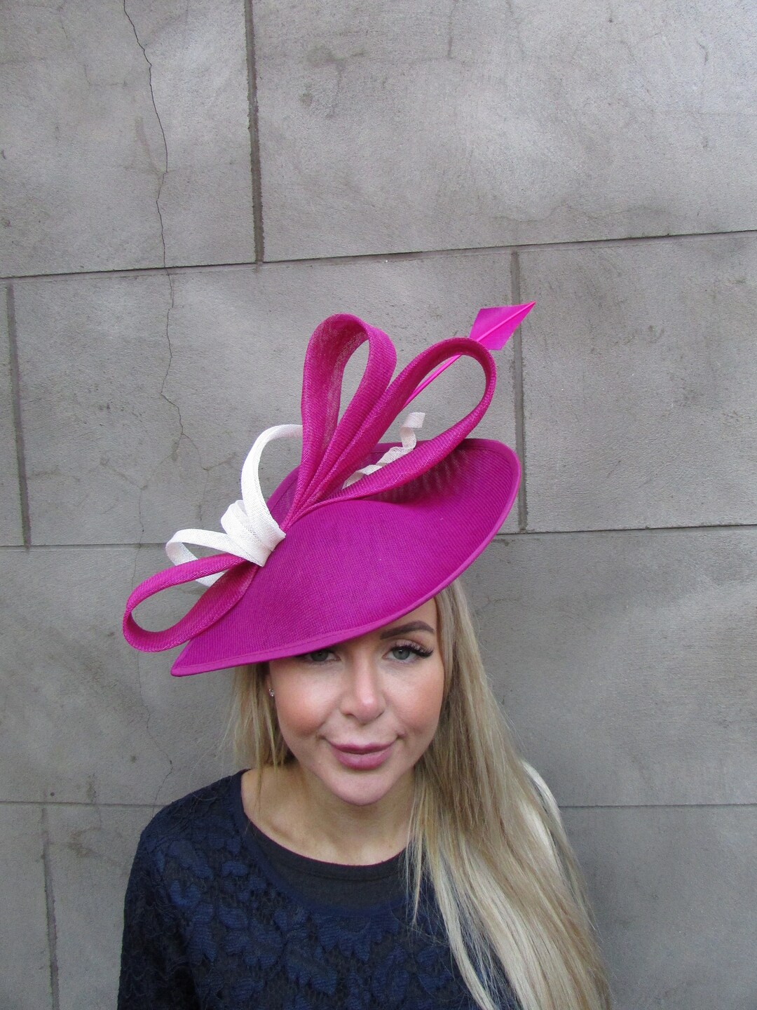 Large Fuchsia Pink & off White Feather Hat Hair Fascinator Big Teardrop ...
