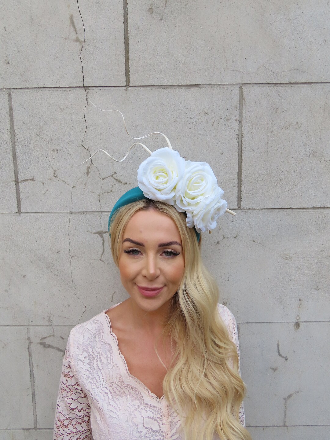 One off Piece Teal & Cream Rose Flower Padded Headband Fascinator ...