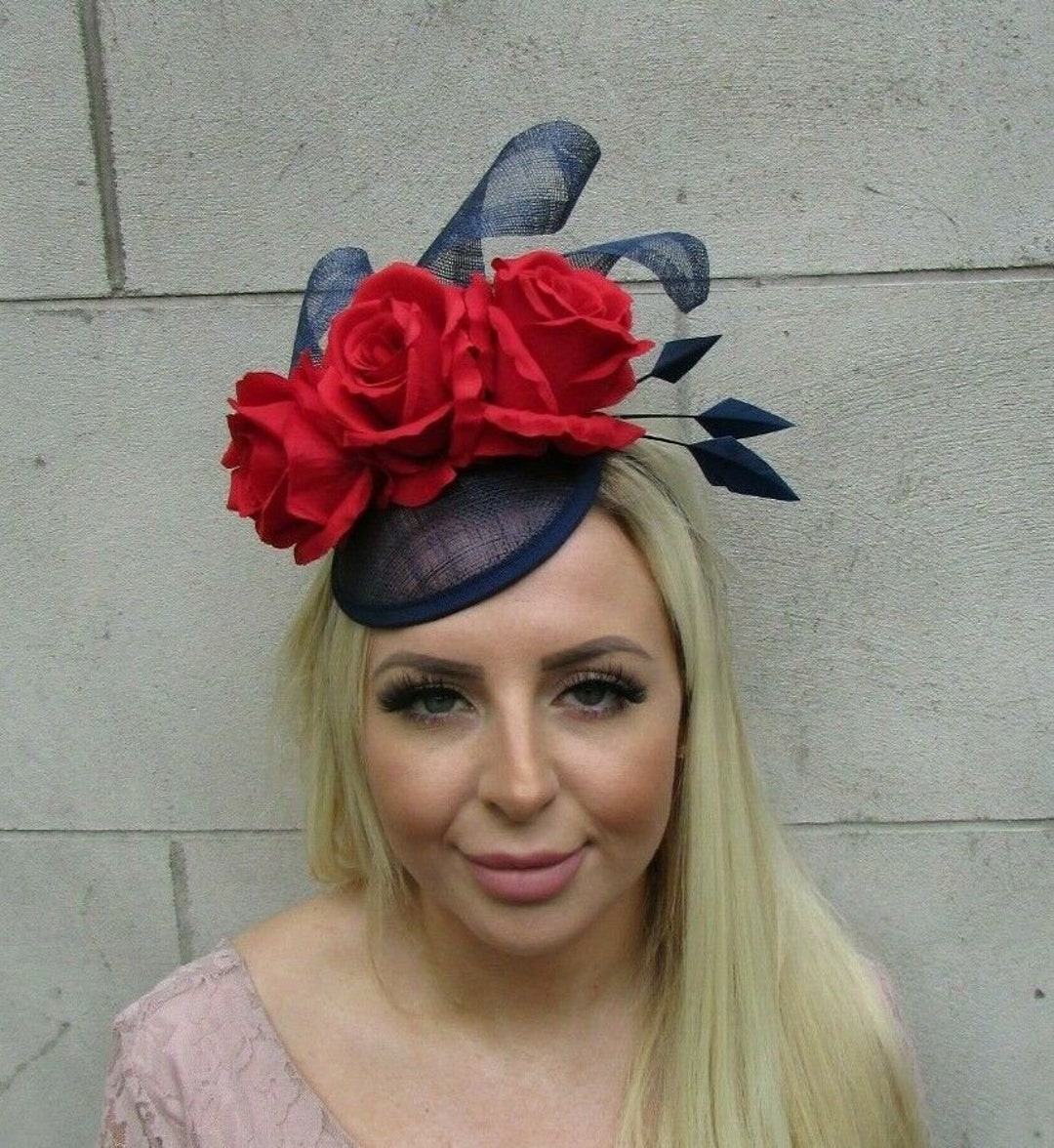 Navy Blue Feather Red Rose Flower Hat Fascinator Races Wedding Floral ...