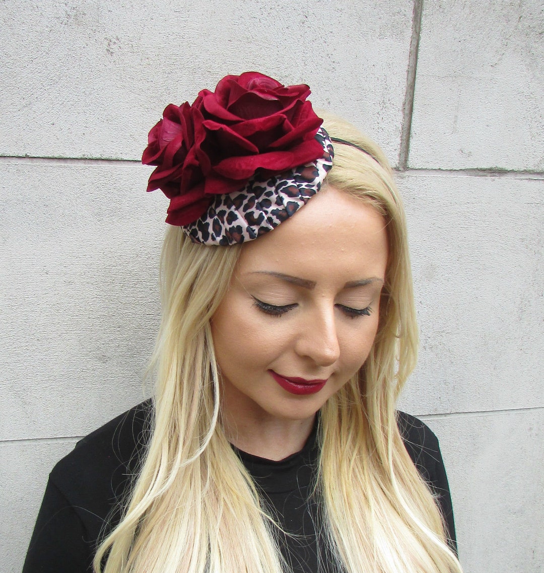 Burgundy Leopard Animal Print Rose Flower Fascinator Hat Headpiece Wine ...
