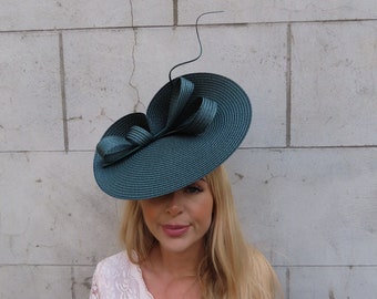 One off Piece Large Bottle Green Feather Straw Style Hat Fascinator ...