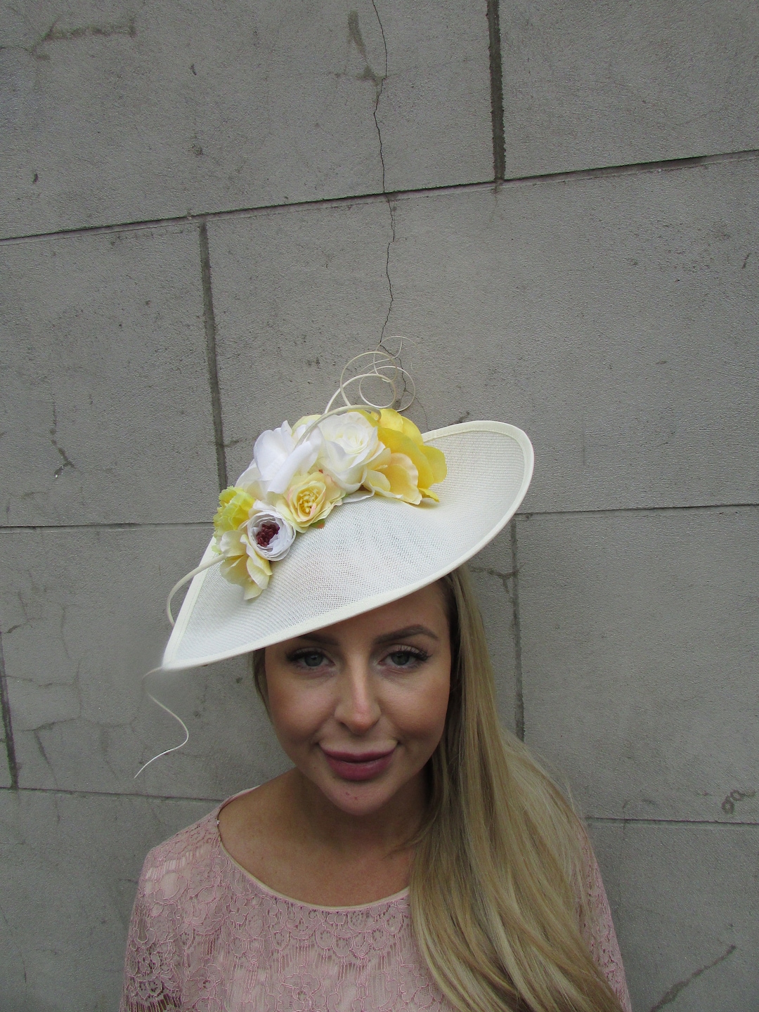 Large Cream Yellow Lemon Light Yellow Rose Floral Flower Fascinator Hat ...
