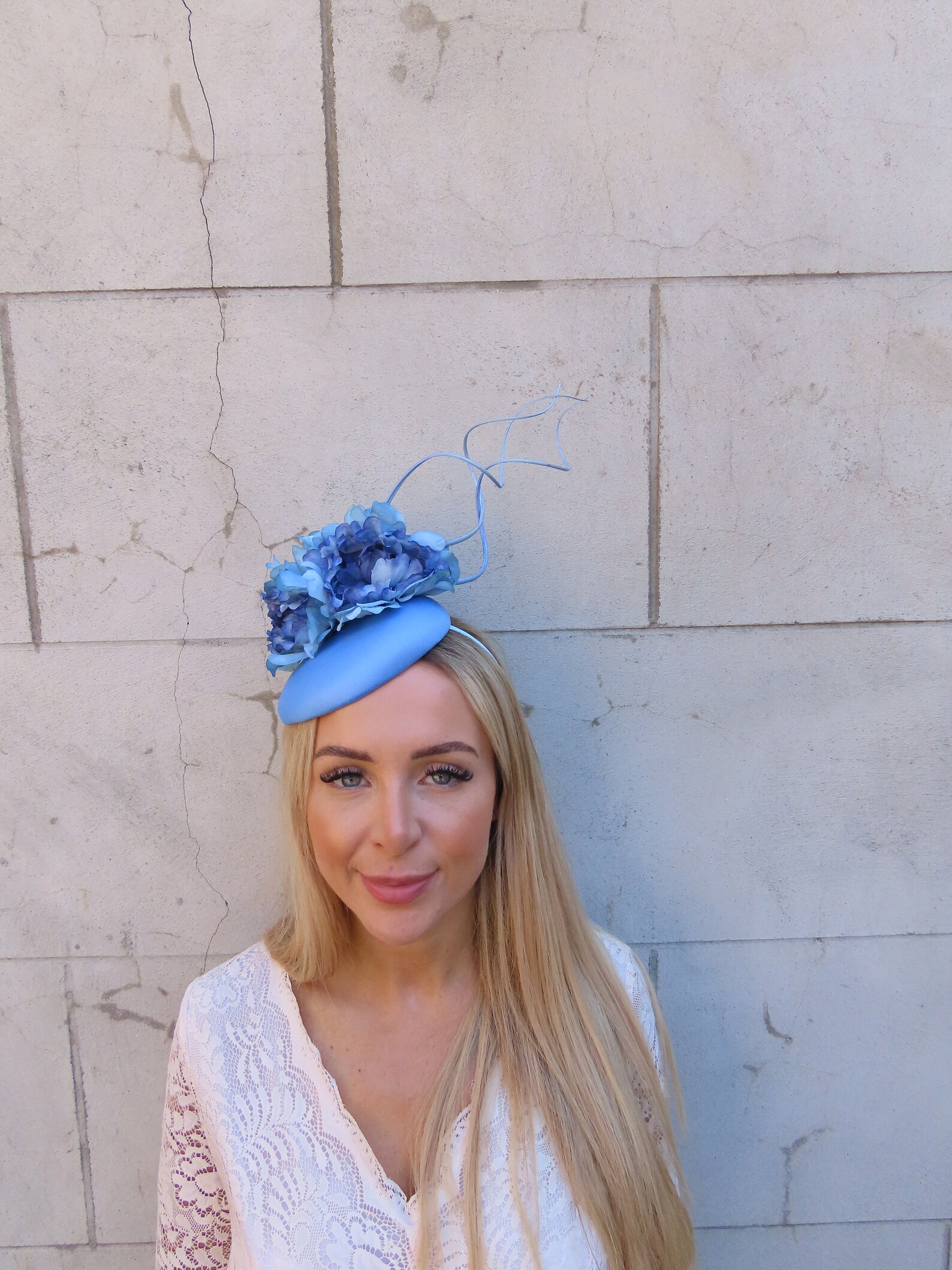 Cornflower Sky Blue Flower & Feather Pillbox Hat Fascinator Wedding ...