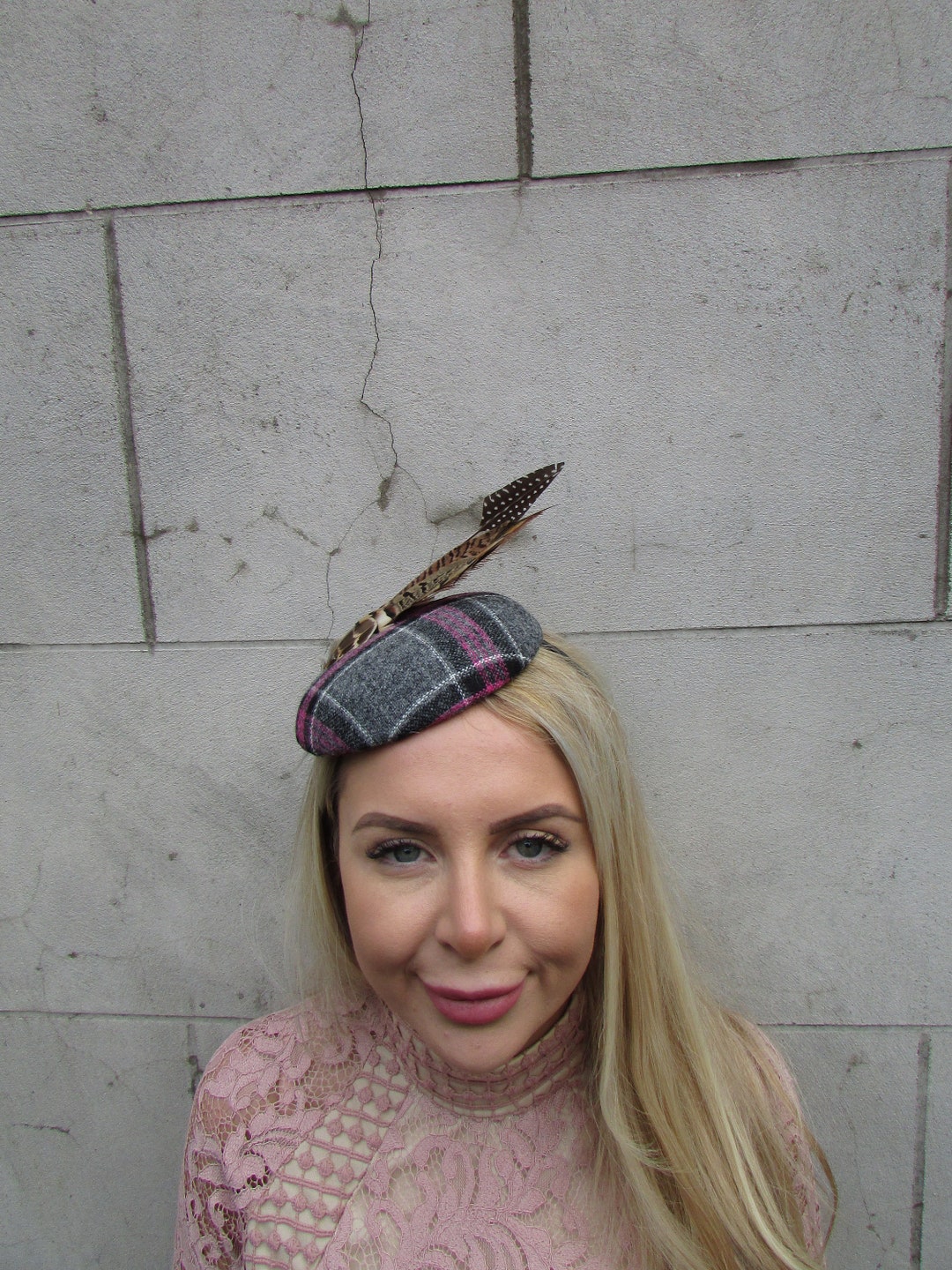 One off Piece Grey Hot Pink Wool Tweed Brown Pheasant Feather Pillbox ...
