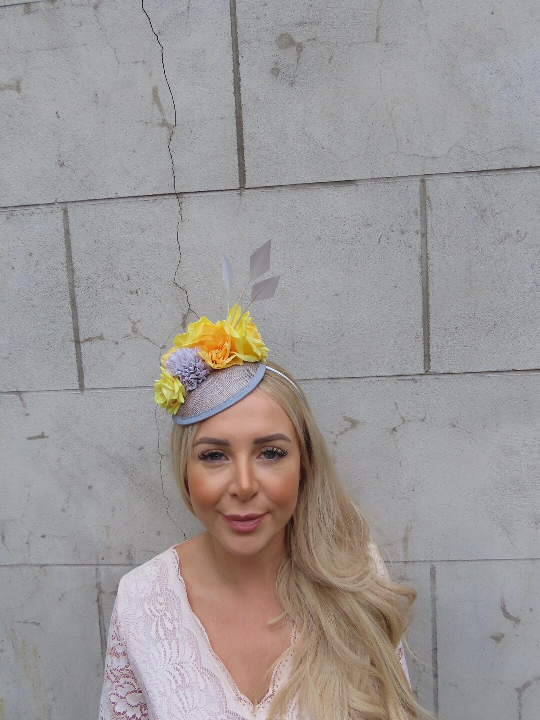 Light Grey & Yellow Sinamay Rose Flower Feather Hat Fascinator Races ...
