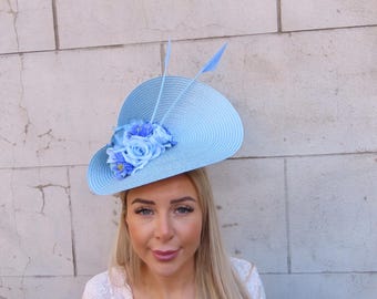 Large Light Blue & Cream Pearl Straw Style Hat Fascinator Wedding Guest ...