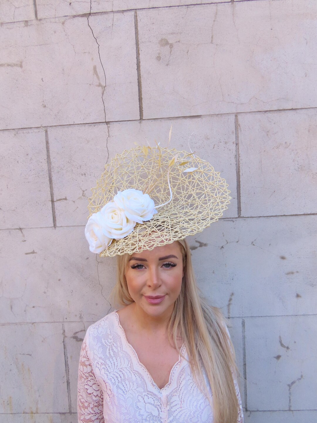 One off Piece Large Beige Champagne Cream Rose Flower Hat Fascinator Wedding Races Headband ...