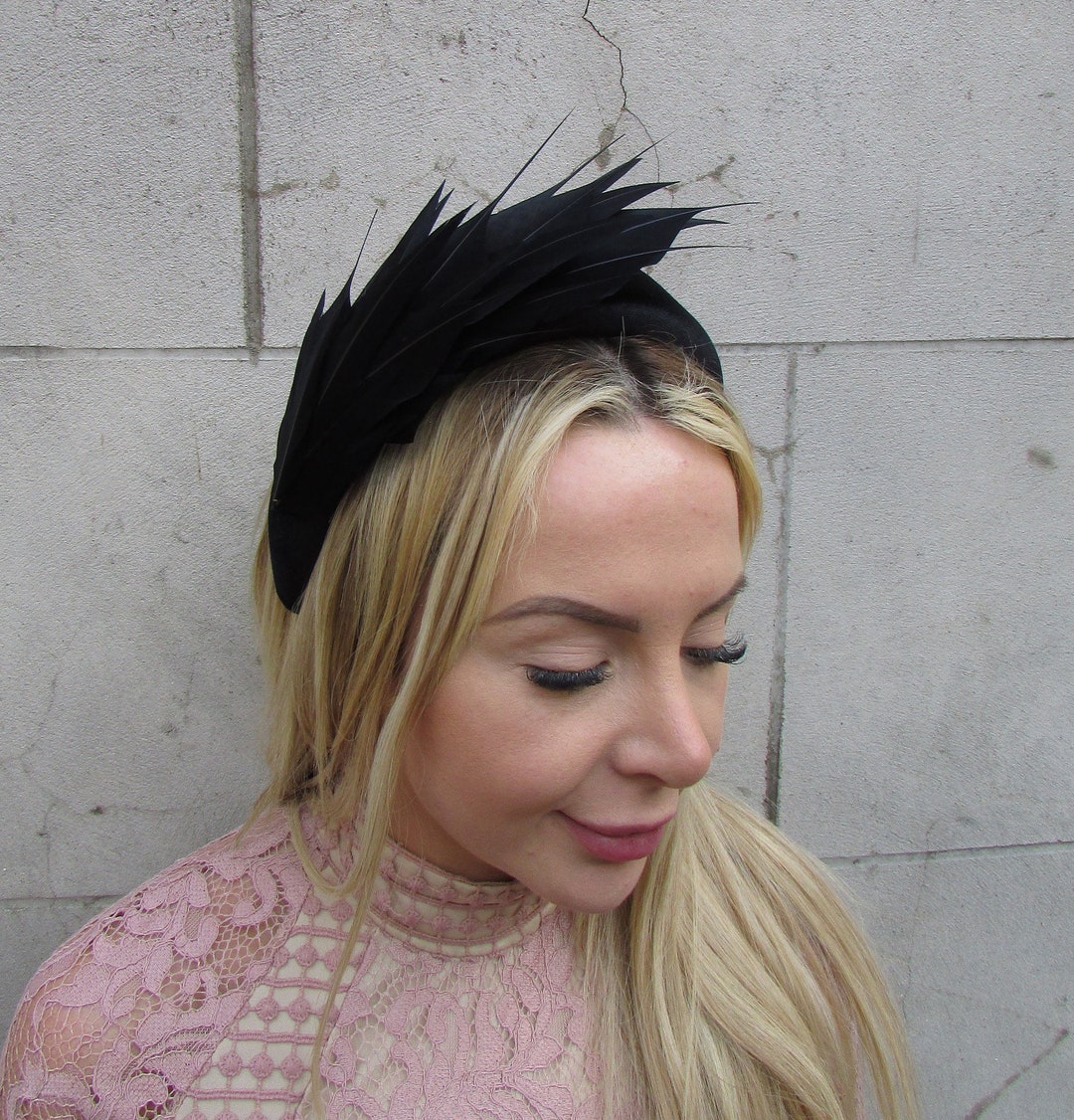 Black Feather Fascinator Headband Velvet Padded Headpiece Wedding Guest ...