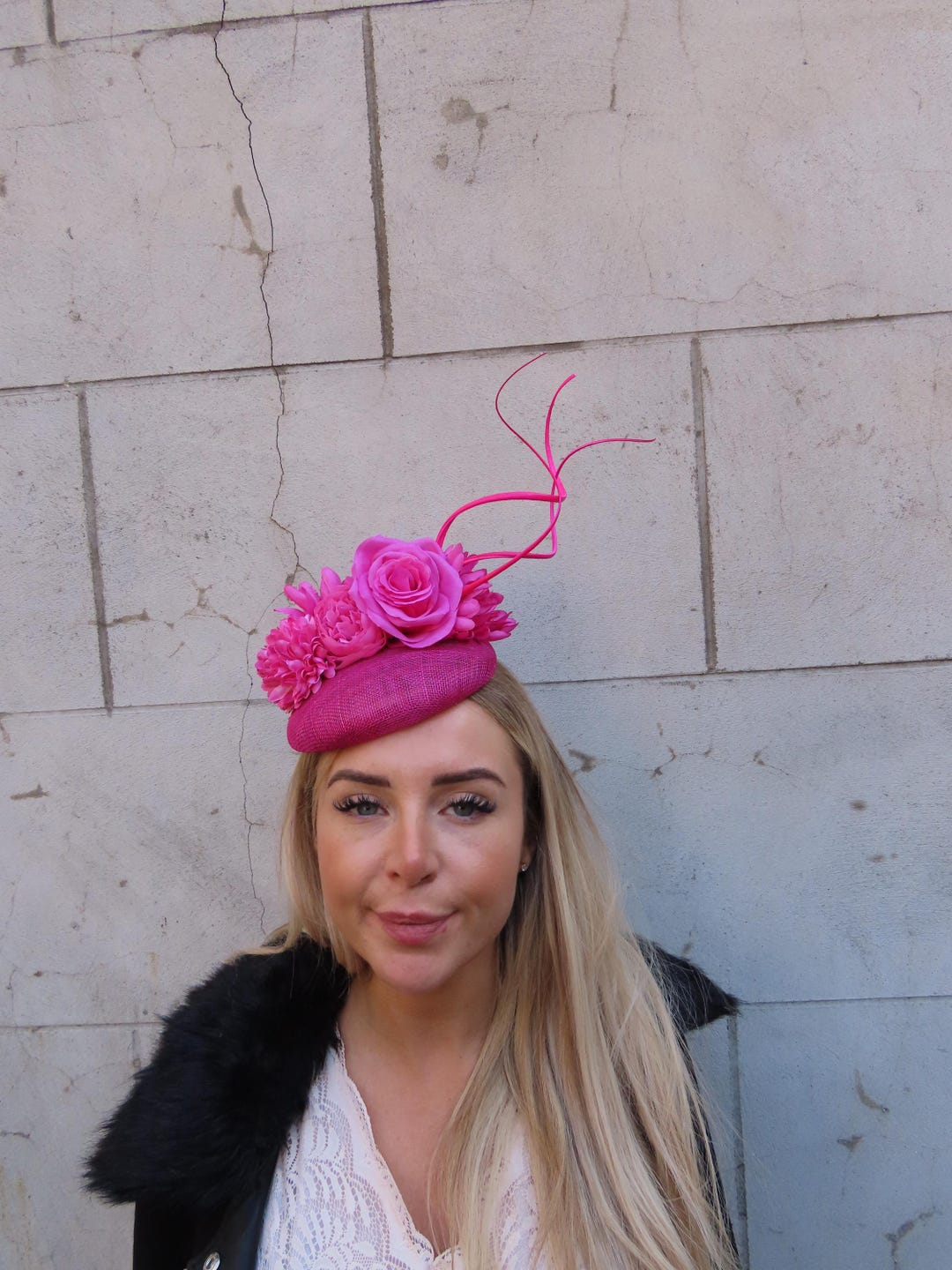 One off Piece - Magenta Pink Rose Flower Sinamay Pillbox Hat Fascinator ...