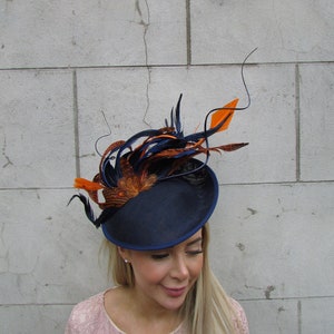 Navy Blue Orange Pheasant Feather Fascinator Hat Disc Saucer Races ...