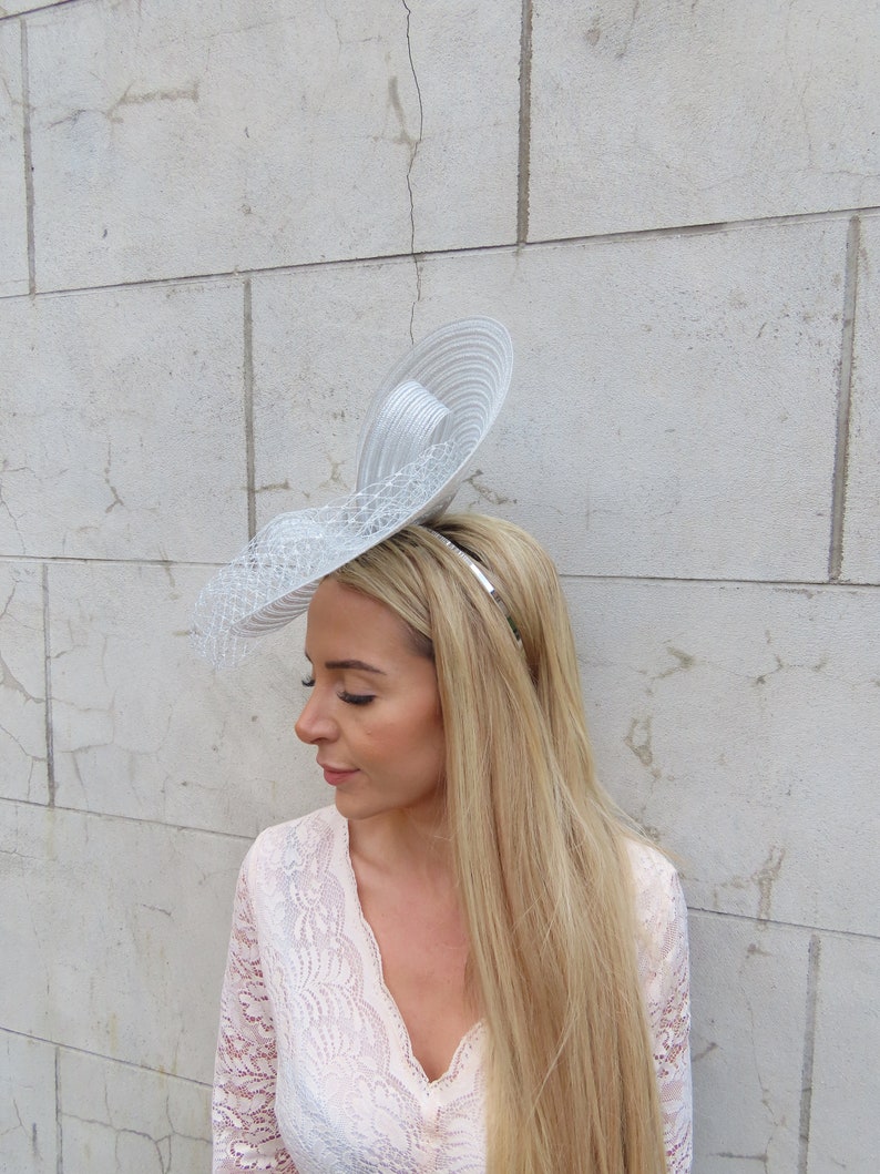 Large Silver Straw Style Hat Veil Netting Fascinator Wedding Guest ...