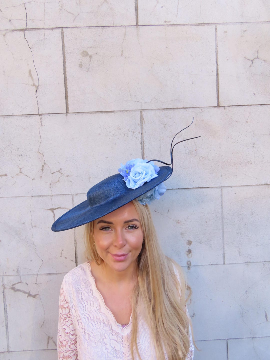 Large Navy Blue & Light Cornflower Blue Floral Hat Fascinator Boater ...