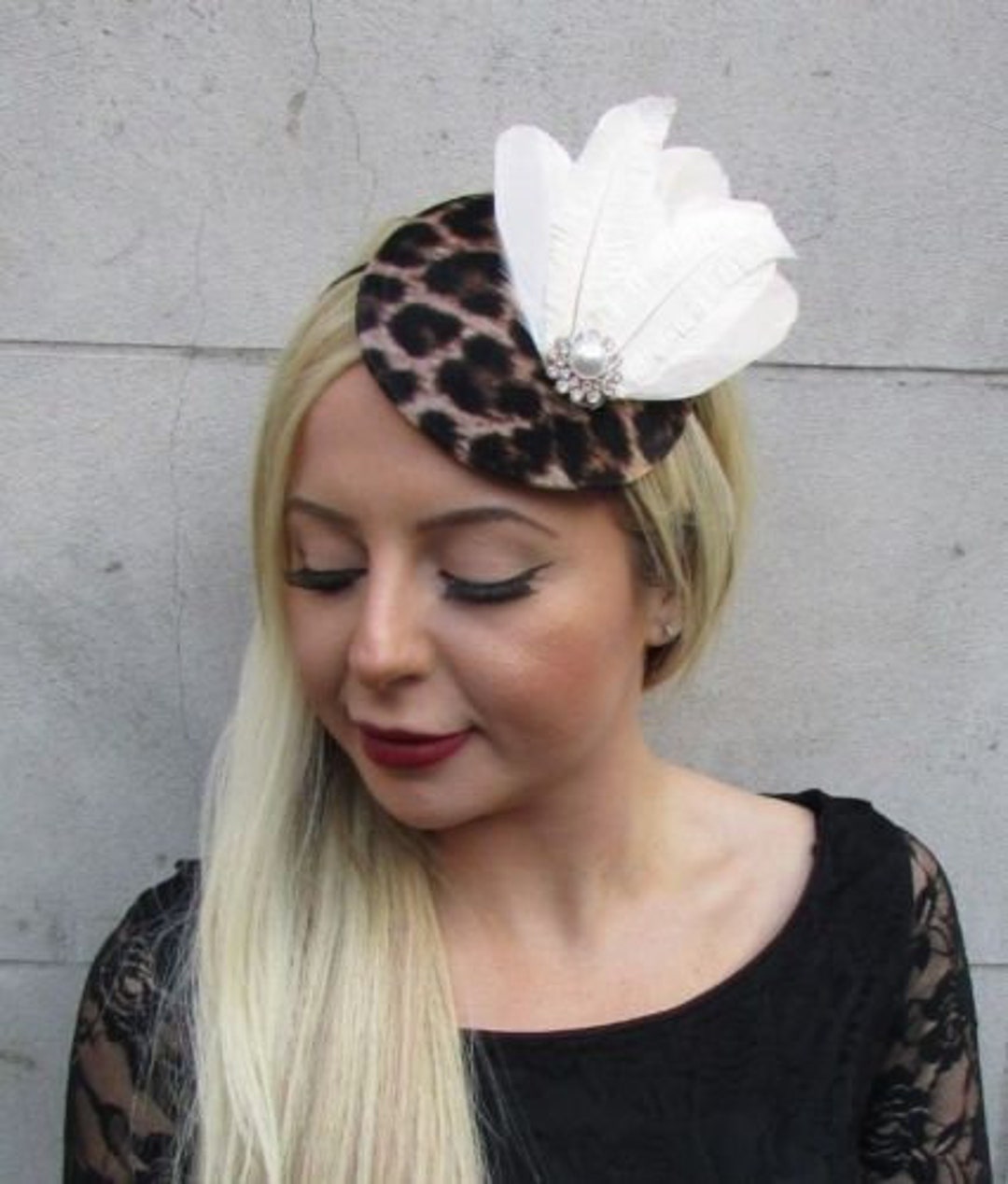Cream Black Leopard Animal Print Feather Pillbox Hat Fascinator Races ...