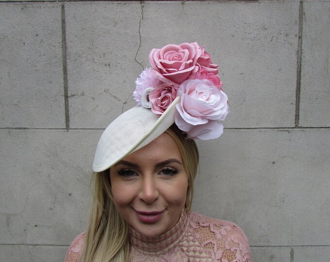 Large Cream Blush Pink Dusky Flower Fascinator Hat Disc Saucer Races ...
