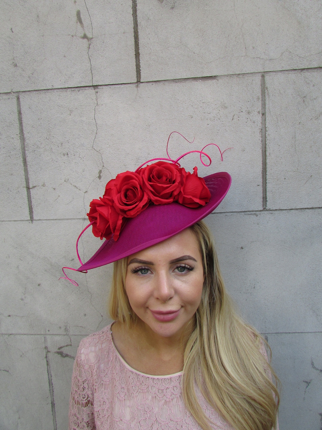 Large Red & Pink Rose Flower Fascinator Hat Big Teardrop Tilted Floral ...