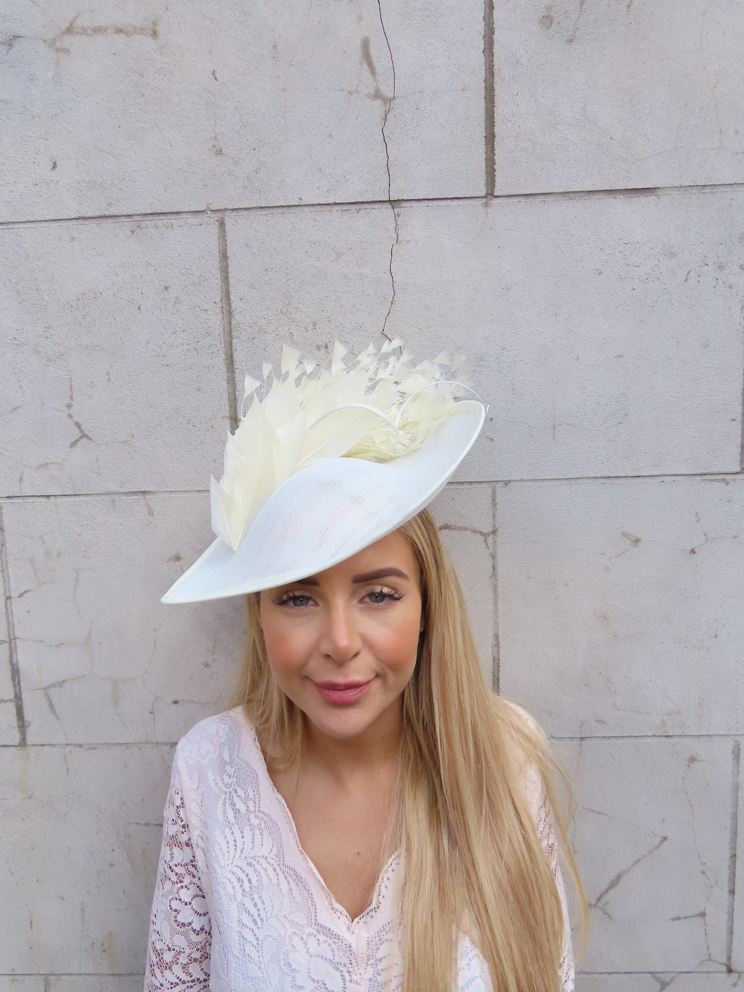 Large Cream Feather Fascinator Hat Big Teardrop Wedding Guest Ascot ...