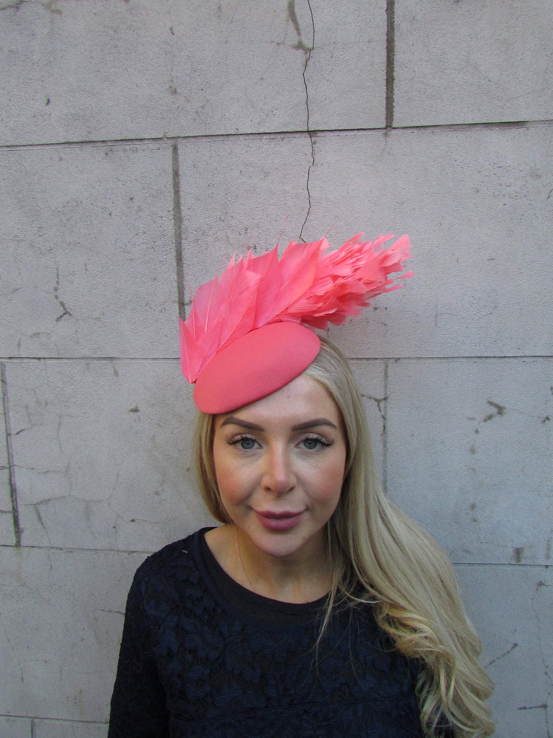 Coral Feather Fascinator Hat Headband Races Wedding Guest Pillbox Hat ...