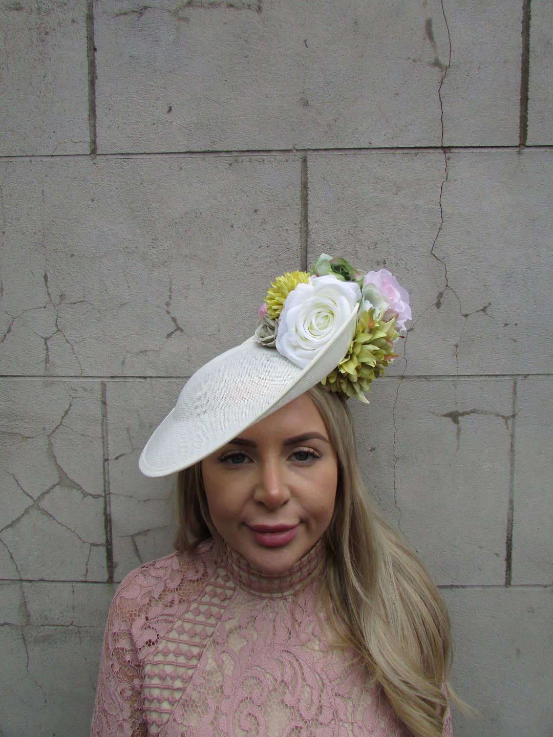 Large Cream Olive Lime Blush Pink Sage Flower Fascinator Disc Hat Races ...
