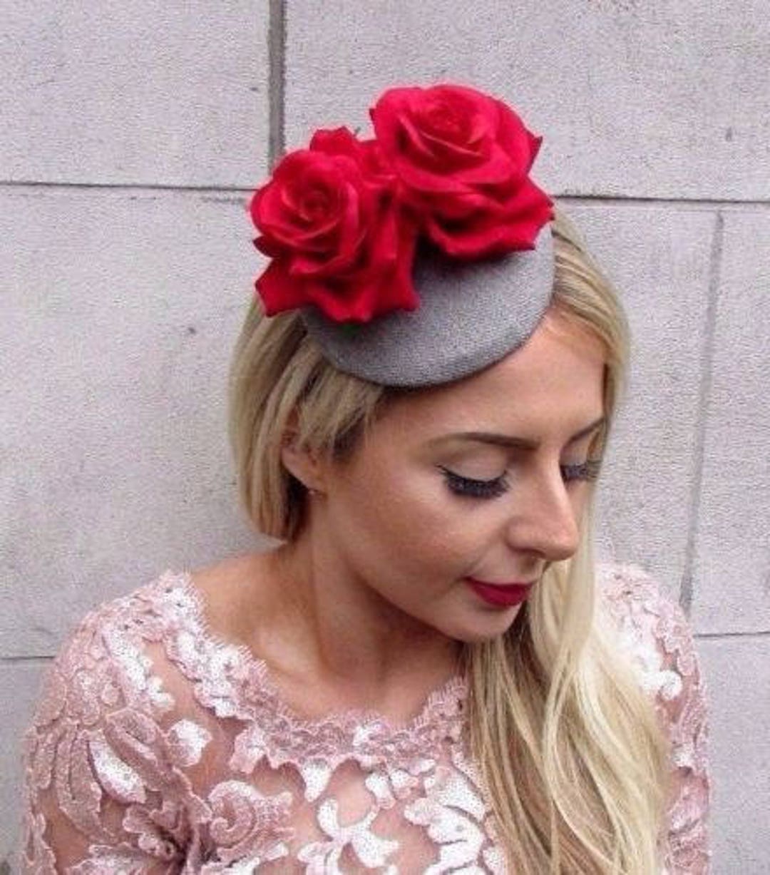 Soft Grey Tweed Red Rose Flower Fascinator Pillbox Hat Races Hair Races ...