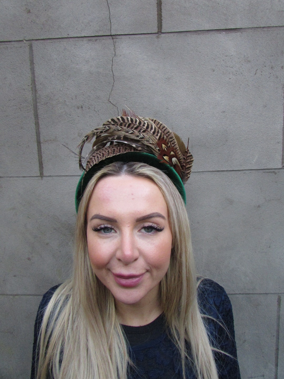 One off Piece Dark Emerald Pheasant Feather Velvet Padded Headband ...