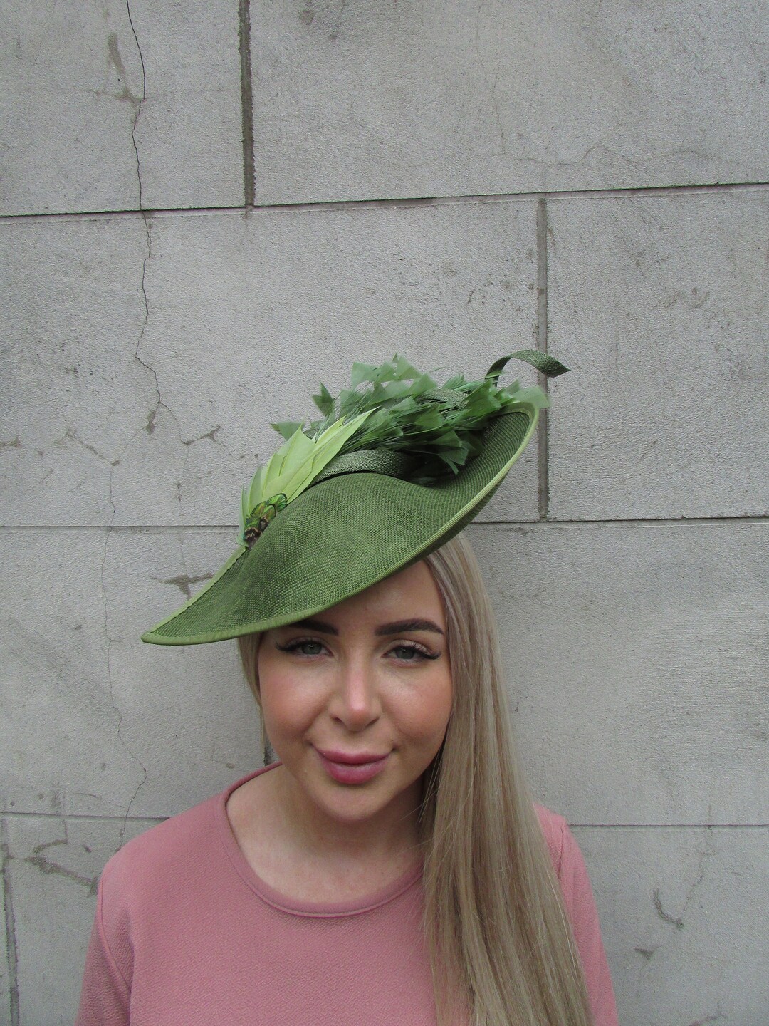 Large Khaki Sage Green Olive Feather Fascinator Hat Teardrop Wedding ...