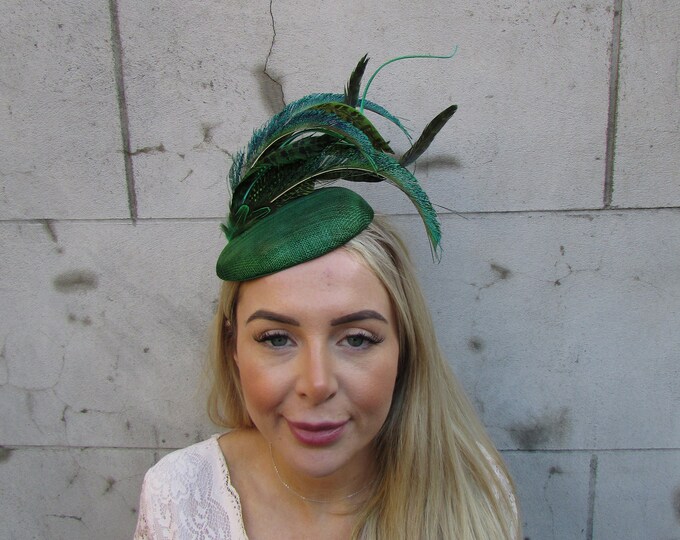 Emerald Green Peacock Feather Fascinator Sinamay Pillbox Hat Fascinator Headpiece Races Wedding