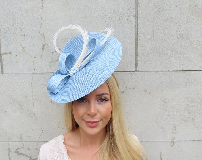 Large Light Blue & Cream Pearl Straw Style Hat Fascinator Wedding Guest ...