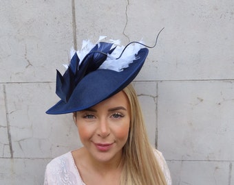 Navy Blue Pheasant Statement Feather Fascinator Races Pillbox Hat Races ...