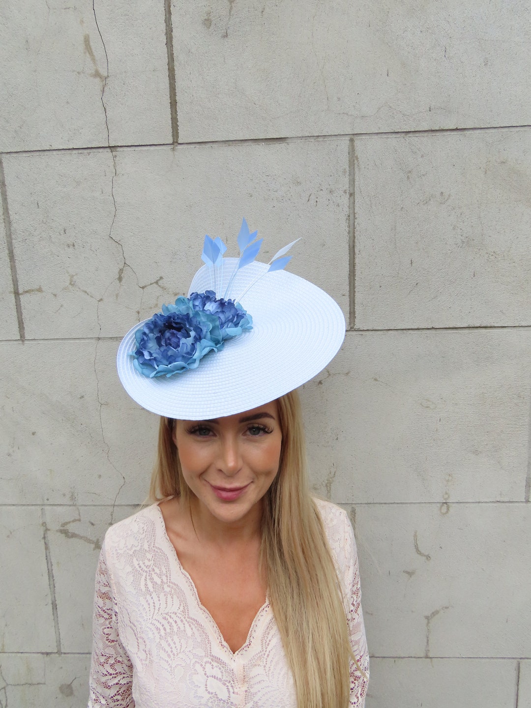 One off Piece Large White & Sky Cornflower Blue Flower Straw Style Hat ...
