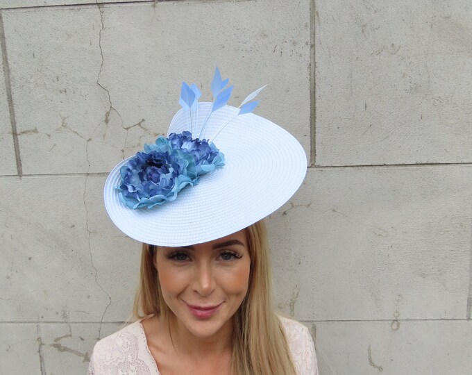 One off Piece Large White & Sky Cornflower Blue Flower Straw Style Hat ...