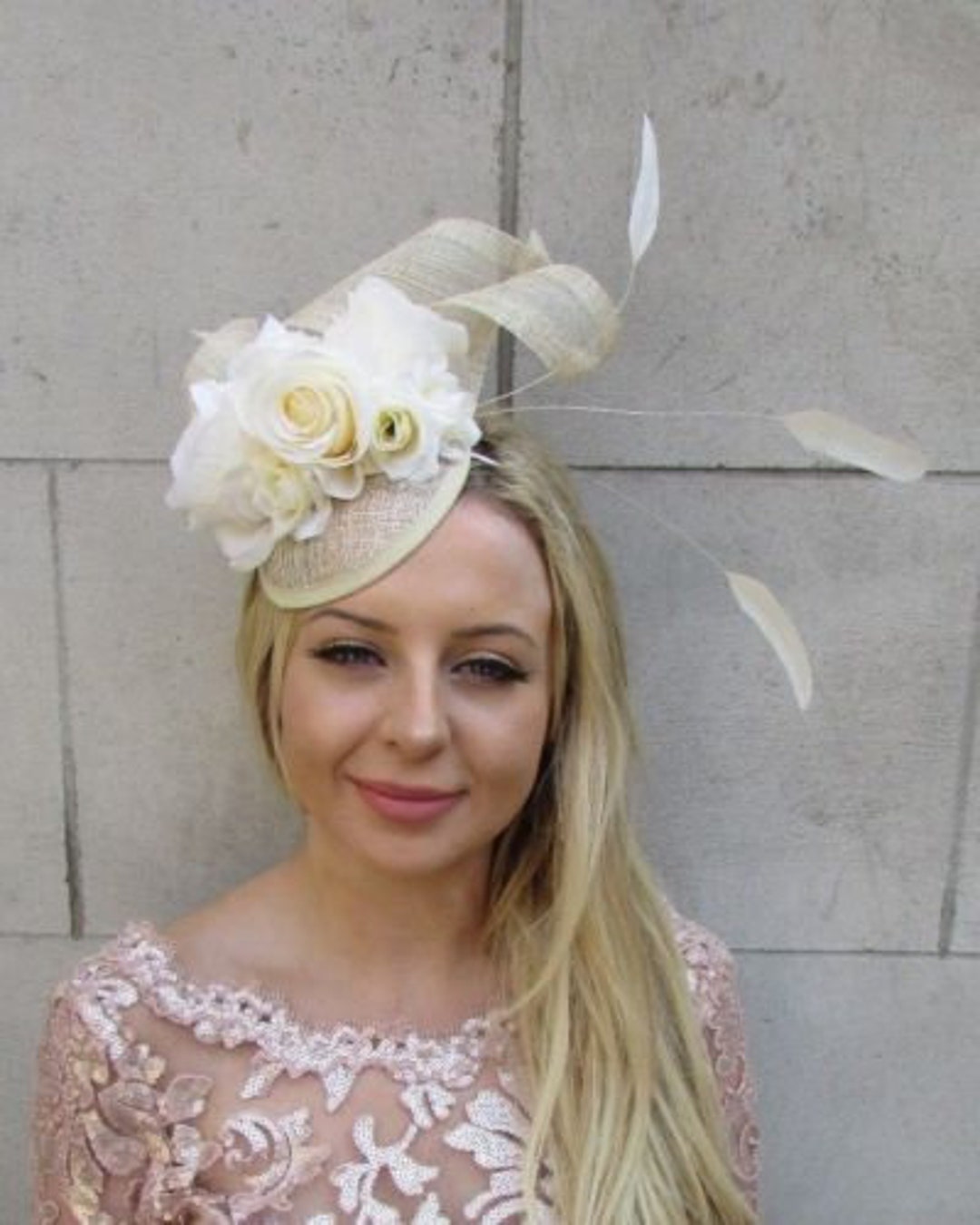 Beige Cream Sinamay Rose Flower Feather Pillbox Hat Fascinator Races ...