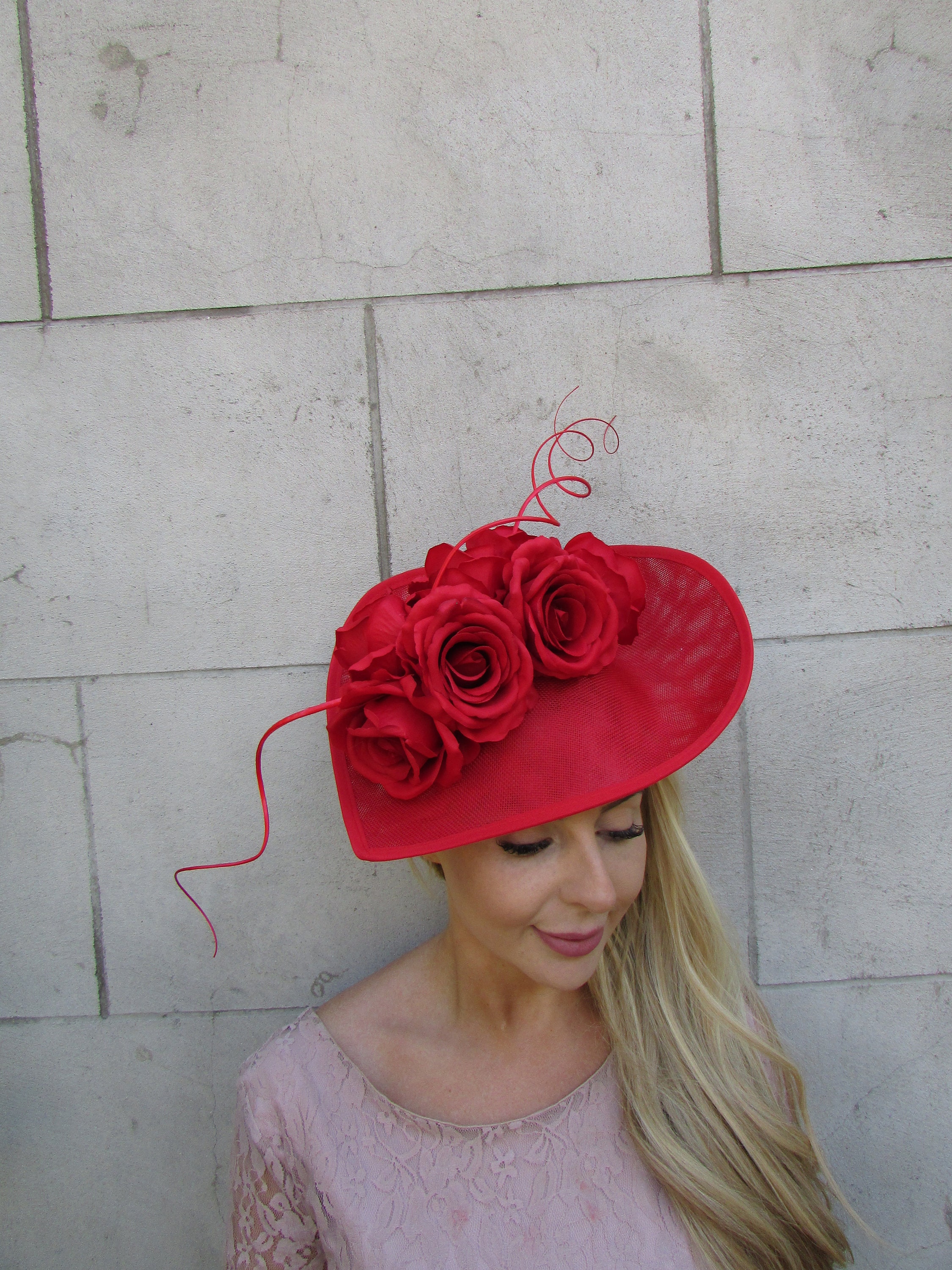 New Large Red Rose Flower Feather Teardrop Fascinator Hat Headband ...