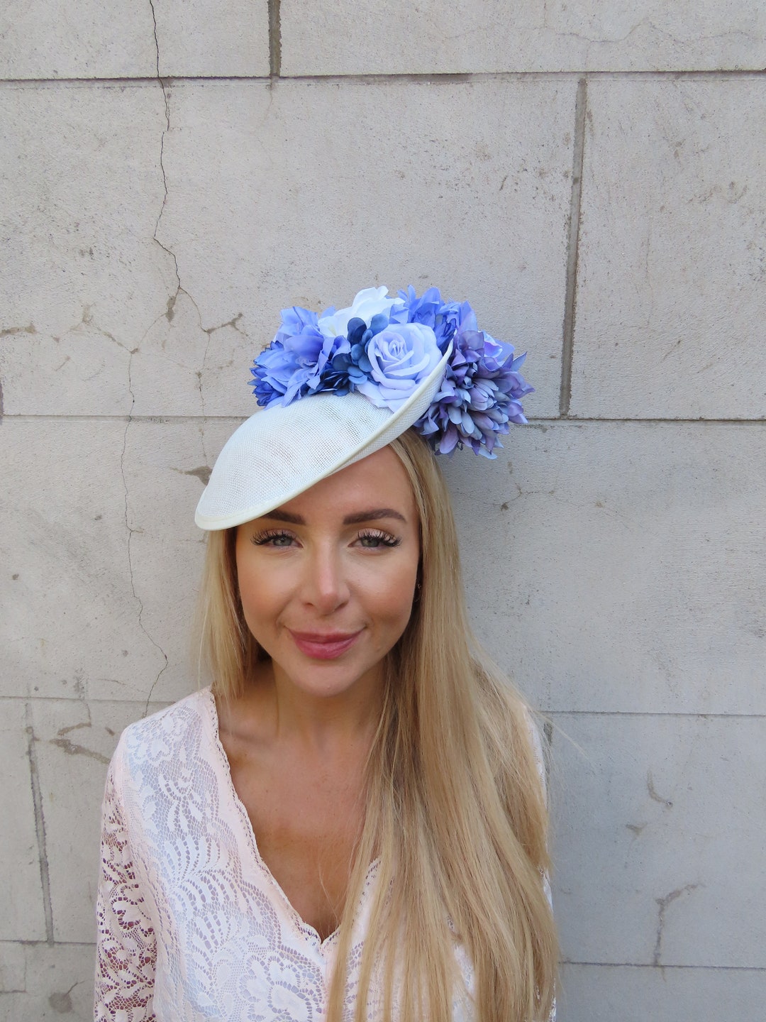 Large Cream & Cornflower Light Blue Rose Flower Fascinator Disc Hat ...