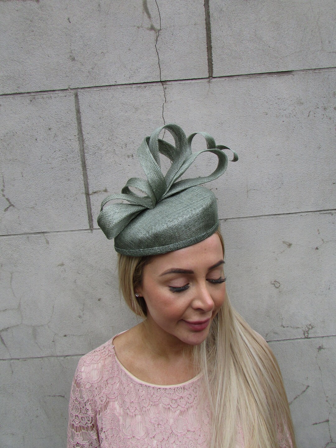 One off Piece - Sage Green Sinamay Percher Pillbox Hat Fascinator Bow ...
