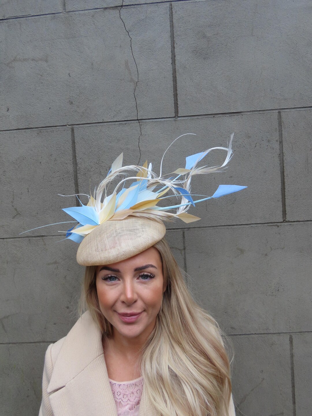 One off Piece - Large Beige Light Blue Cream Feather Sinamay Feather ...