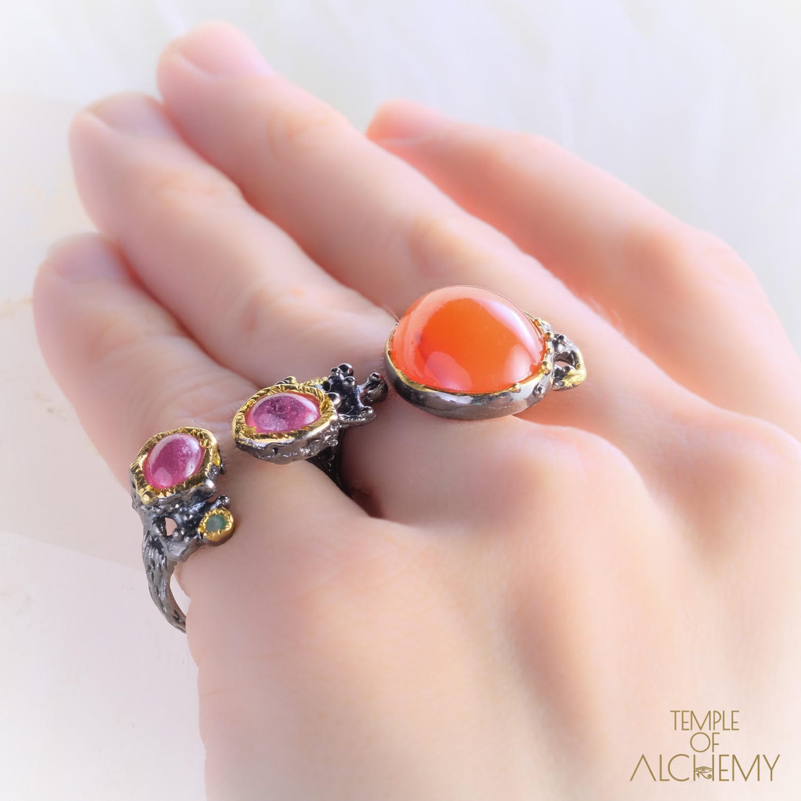 Double Finger Ring Size 7 5 Carnelian Ruby Emerald Etsy