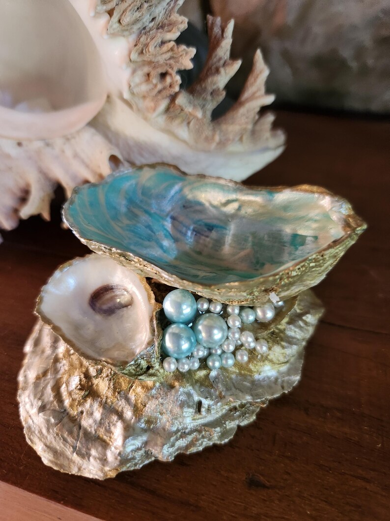 Oyster Shell Jewelry or Trinket Dish, Beaded, Ocean, Gift, Coastal ...